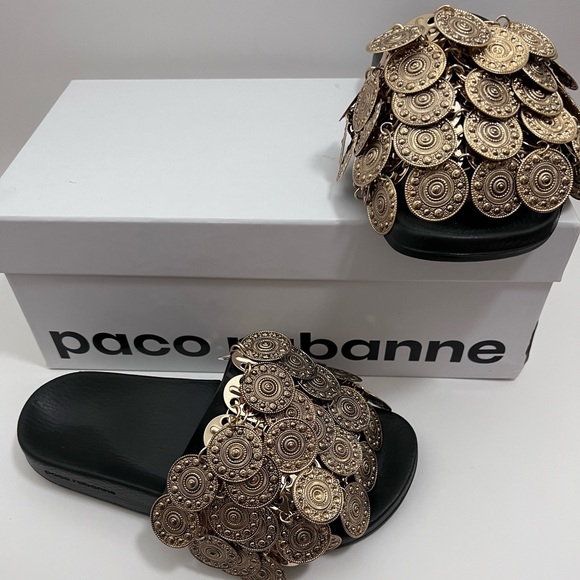 Paco Rabanne | Shoes | Paco Rabanne Tresor Pool Sandals With Aged Metal ...
